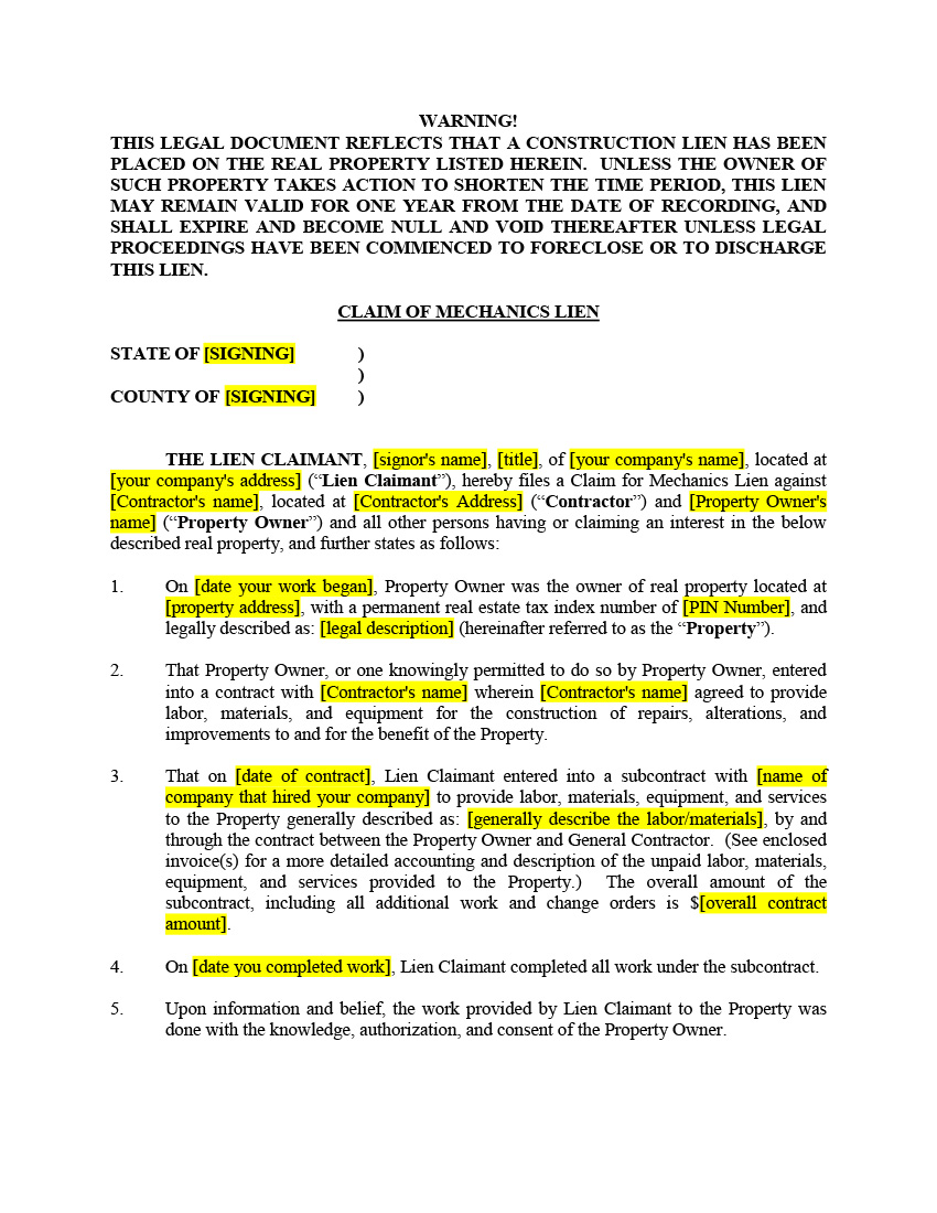 Subcontractor Filing A Lien Form Texas Mechanics Liens